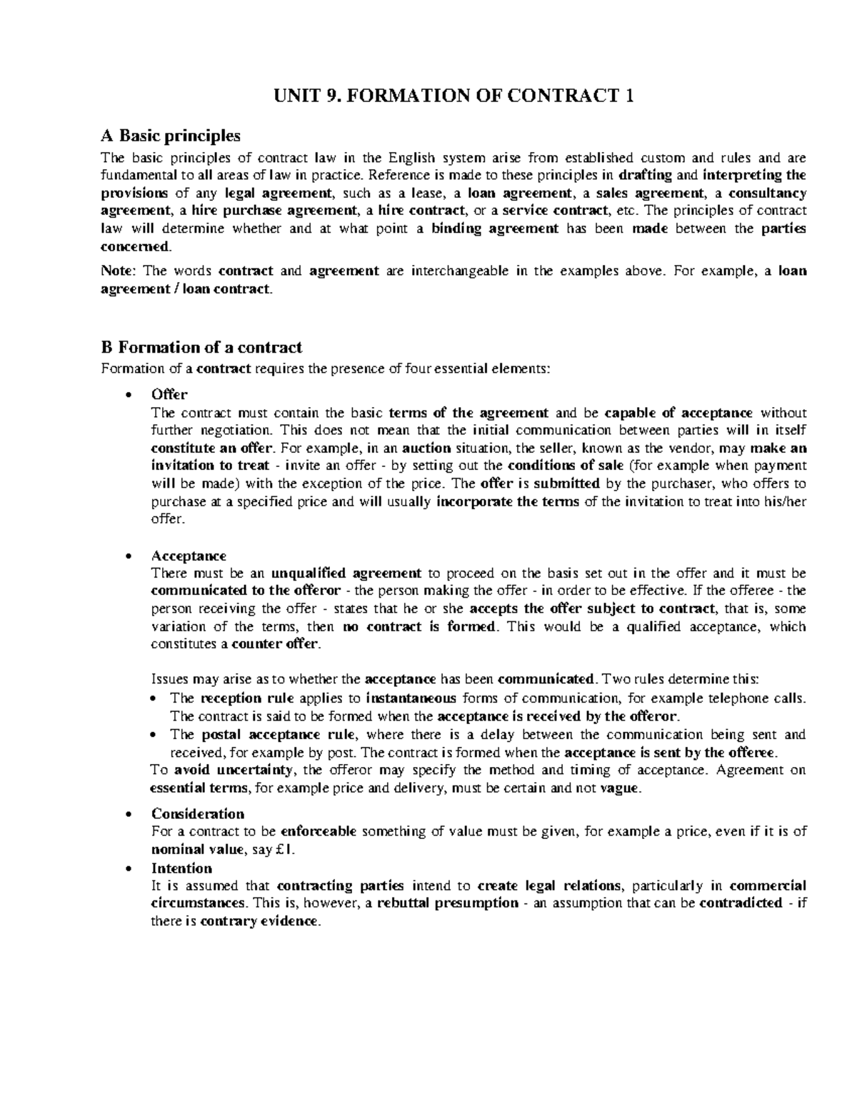 Contract-law - Contract-law - UNIT 9. FORMATION OF CONTRACT 1 A Basic ...