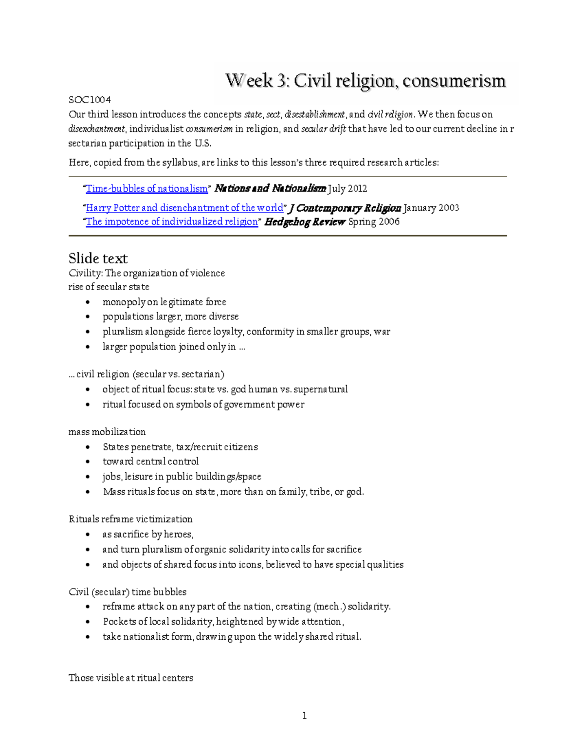 SOC 1004 Week 3 Lecture: Exploring Civil Religion & Consumerism ...