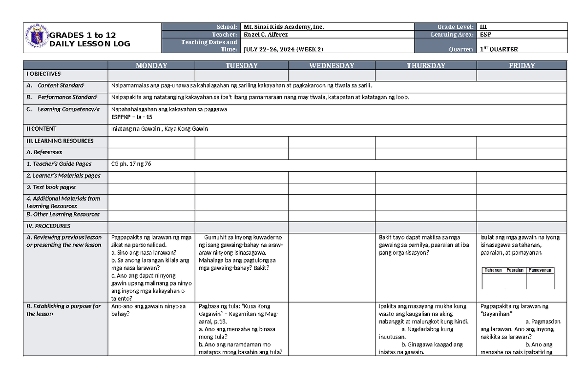 DLL ESP 3 Q1 W2 - Useful information for learning. - GRADES 1 to 12 ...