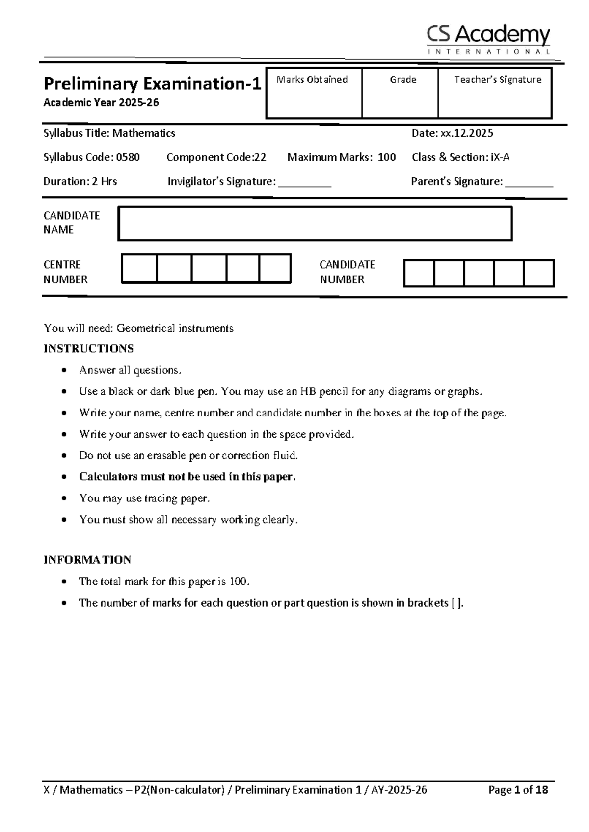 G10 Math Prelims 1 QP - NC - P2: Exam Instructions & Guidelines - Studocu