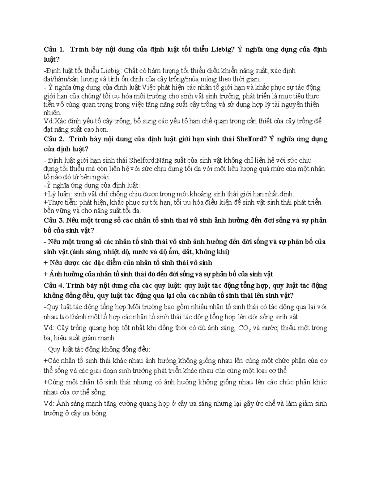 Đề cương Sinh thái Môi trường: Định luật Liebig, Shelford và Ứng dụng ...