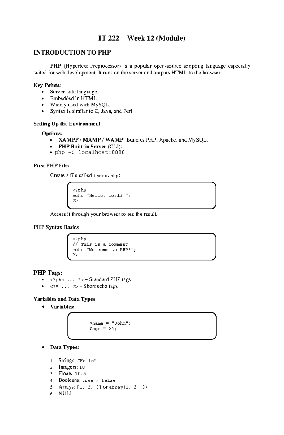 IT 222 Week 12 Module: Intro to PHP and MySQL Basics - Studocu