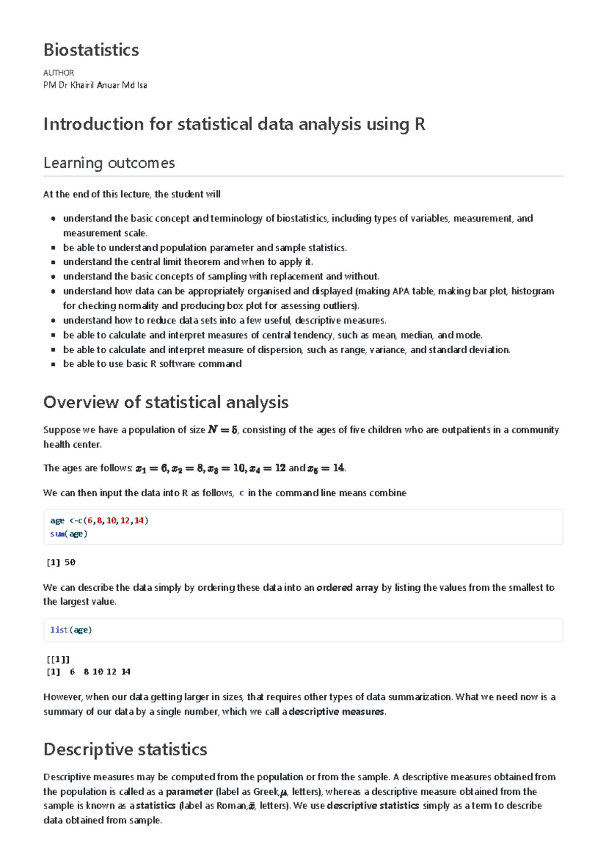 Biostatistics 101: Intro to Statistical Data Analysis Using R - Studocu