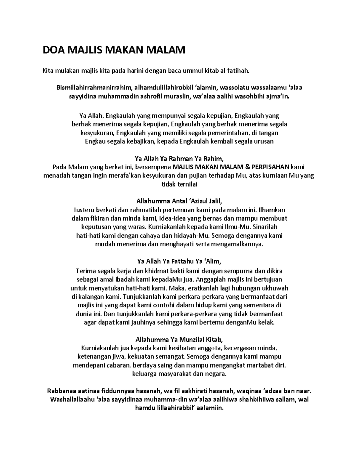 DOA Majlis Makan Malam & Perpisahan: Bacaan dan Doa Berkat - Studocu