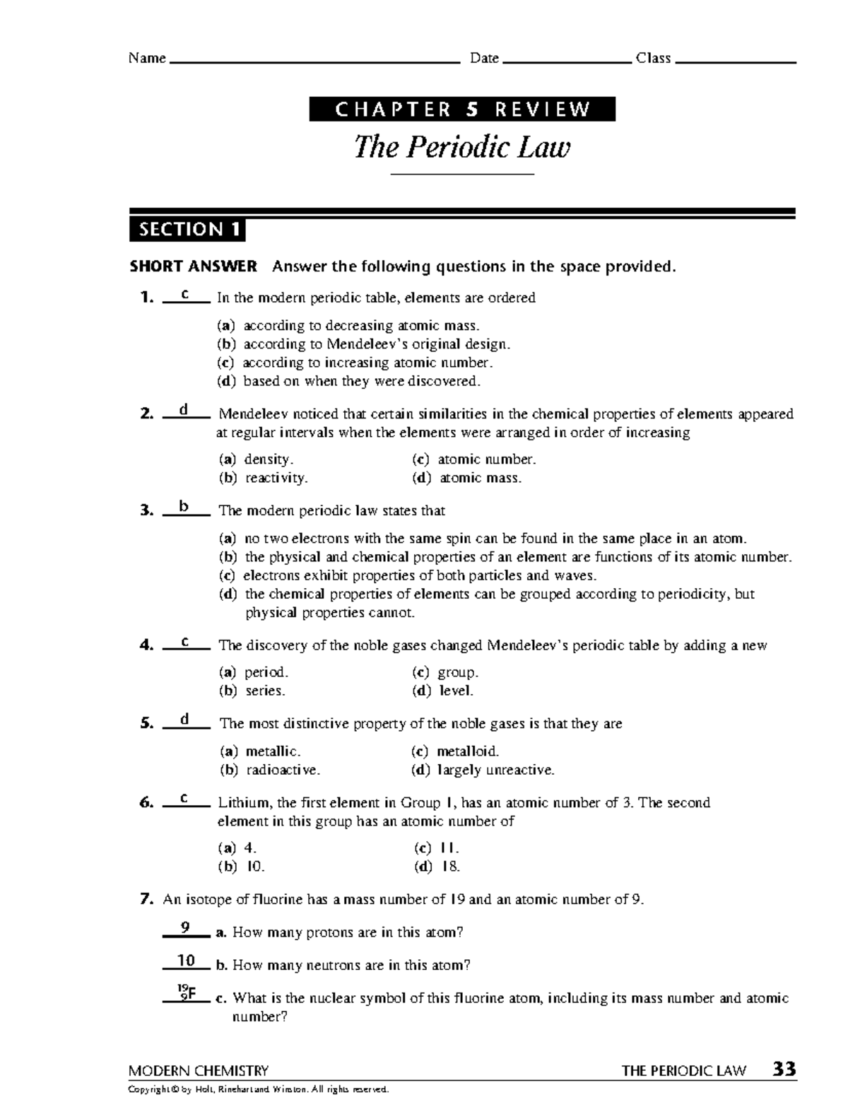 CH 5 Study Guide Answer KEY: The Periodic Law Review - Studocu