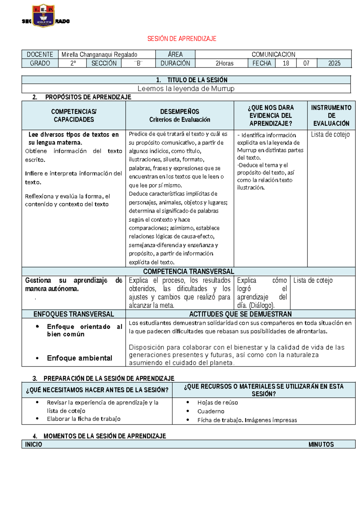 SEGUNDO GRADO: Sesión de Aprendizaje - Leyenda de Murrup (18/07/25 ...