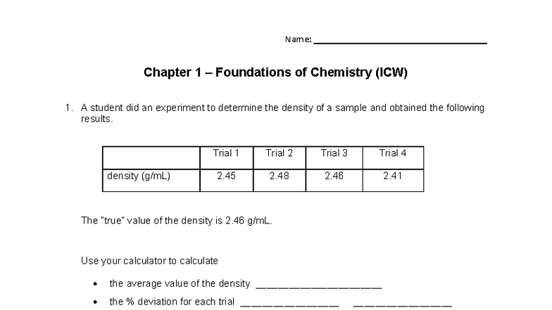 Chapter 1 Foundations of Chemistry (ICW) - Density & Conversions - Studocu
