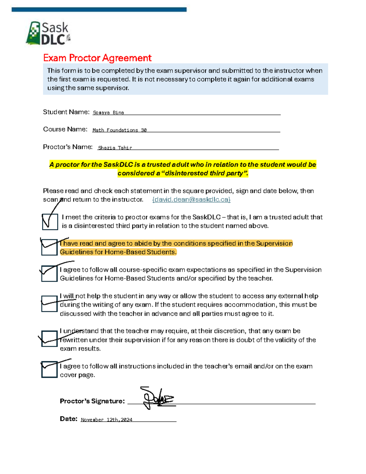 Math Foundations 30: Exam Proctor Agreement Form 2024 - Studocu