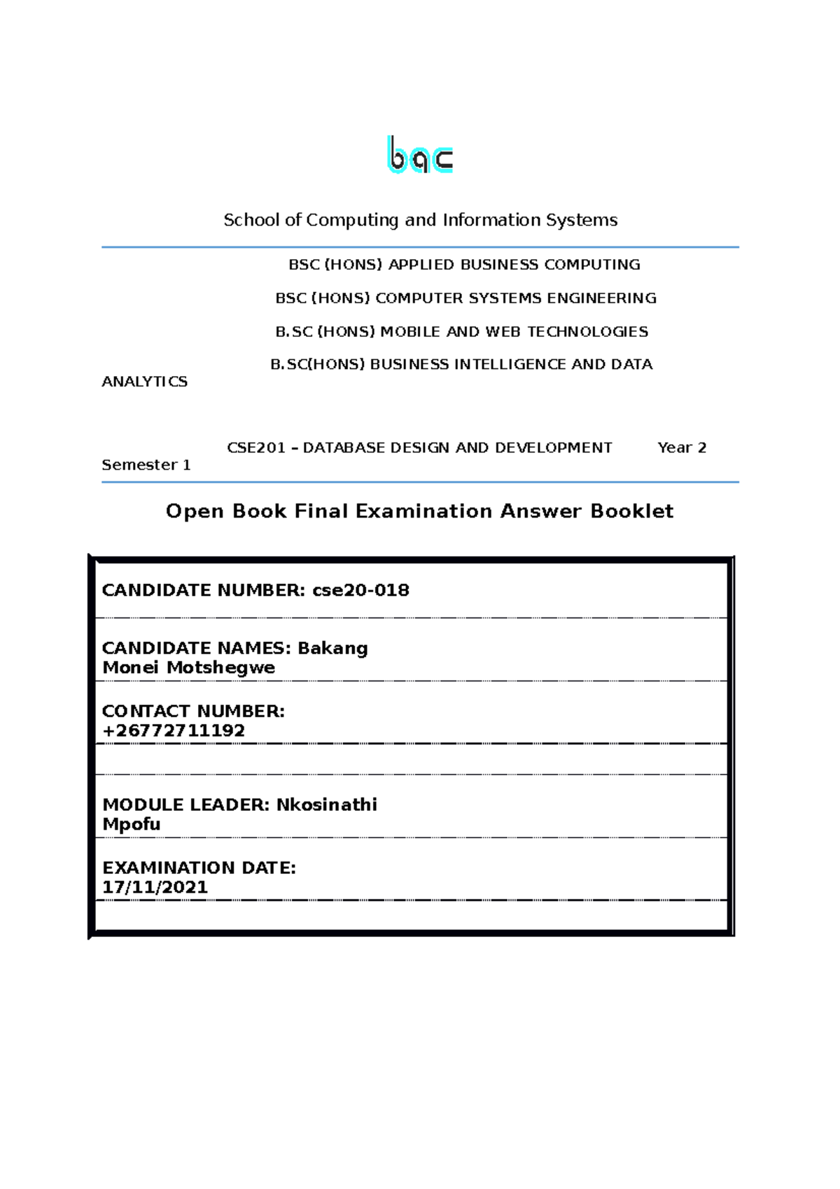 CSE201 Final Exam Nov 2021 Answer Booklet - Database Design & Development - Studocu