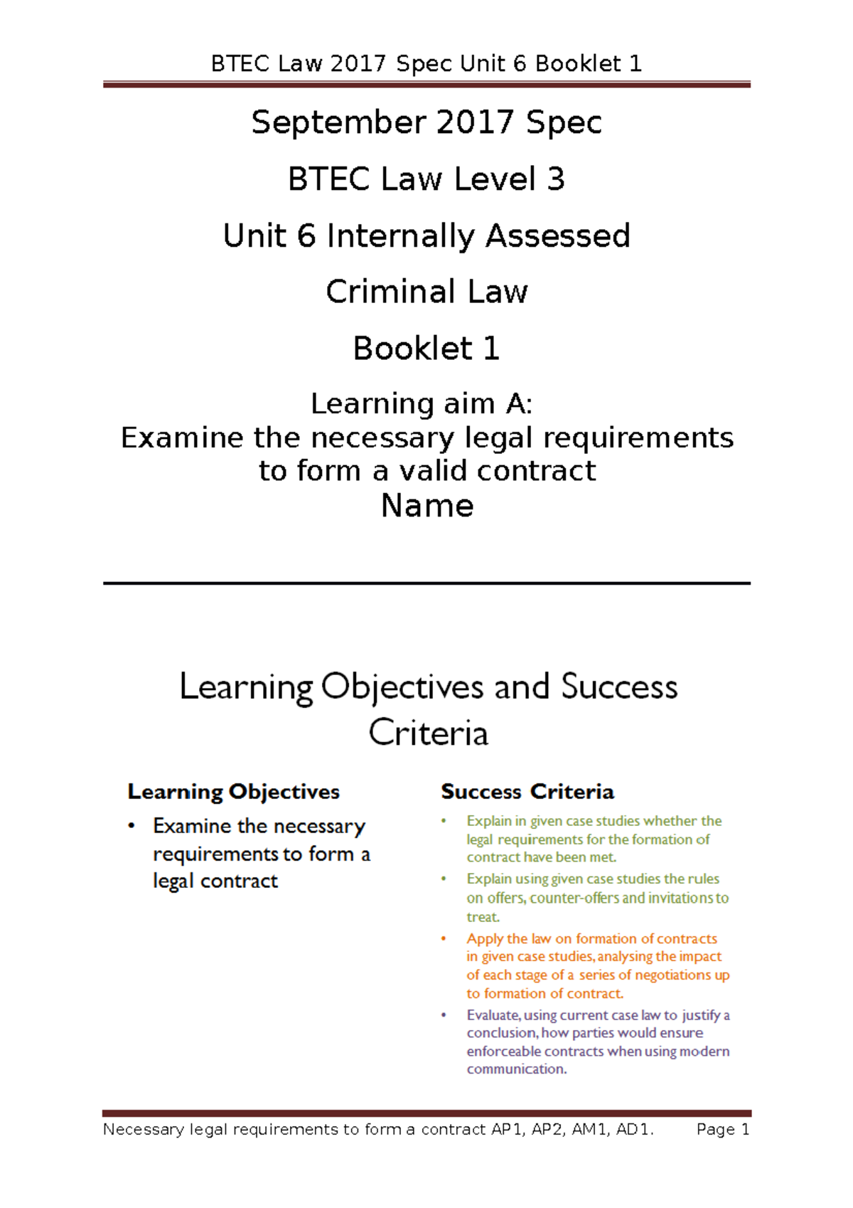 Unit 6 Booklet 1 Learning Aim A P1, P2, M1, D1 - September 2017 Spec ...