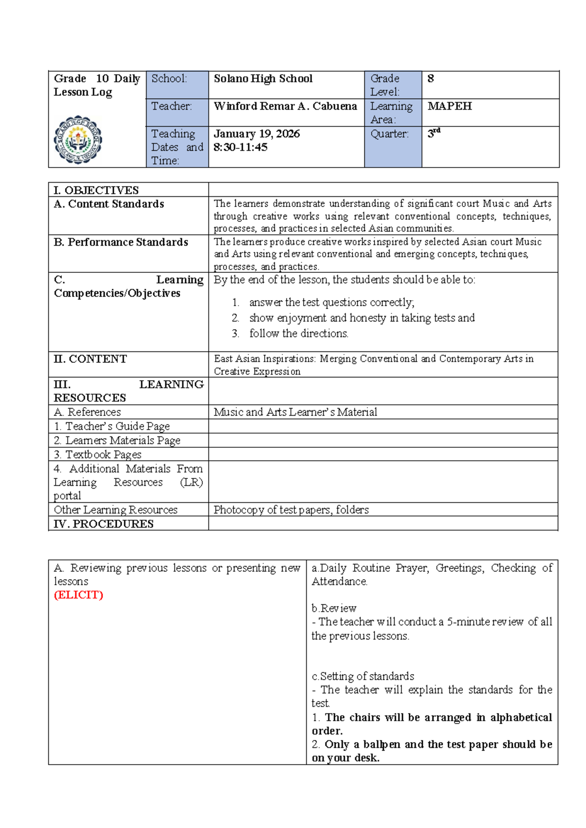Grade 10 MAPEH Lesson Plan: Summative Test Log by Winford Remar A ...