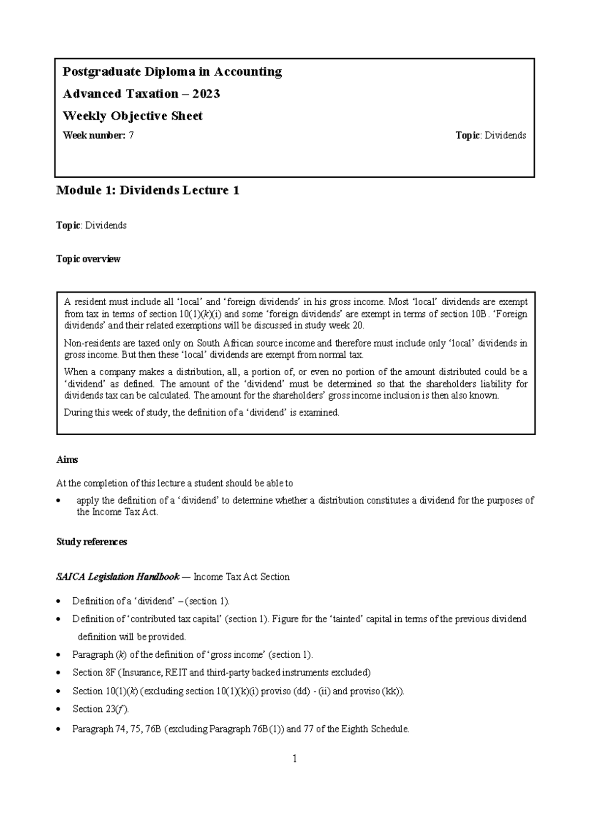 Module notes weeks 7 and 8 Dividends - Advanced Taxation – 2023 Weekly ...