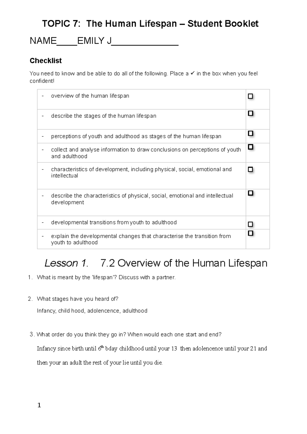 HHD 7: Understanding the Human Lifespan - Student Workbook Checklist ...