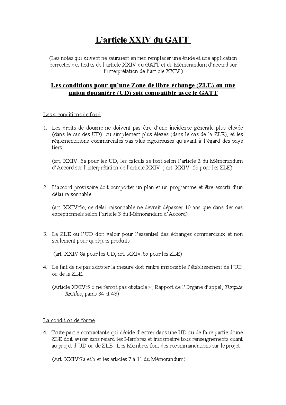 Synthèse sur l'Article XXIV du GATT : Conditions et Compatibilité - Studocu