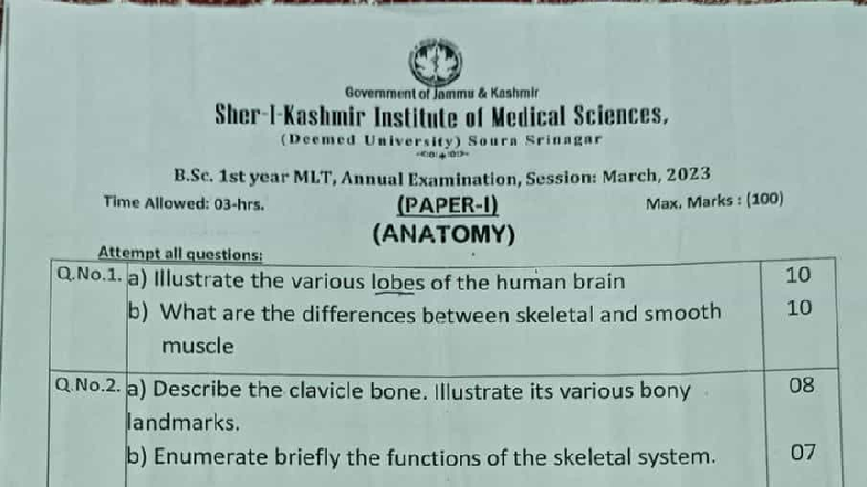 MLT 1st Year Annual Exam PYQ 2023 - Anatomy, Physiology & Pathology ...