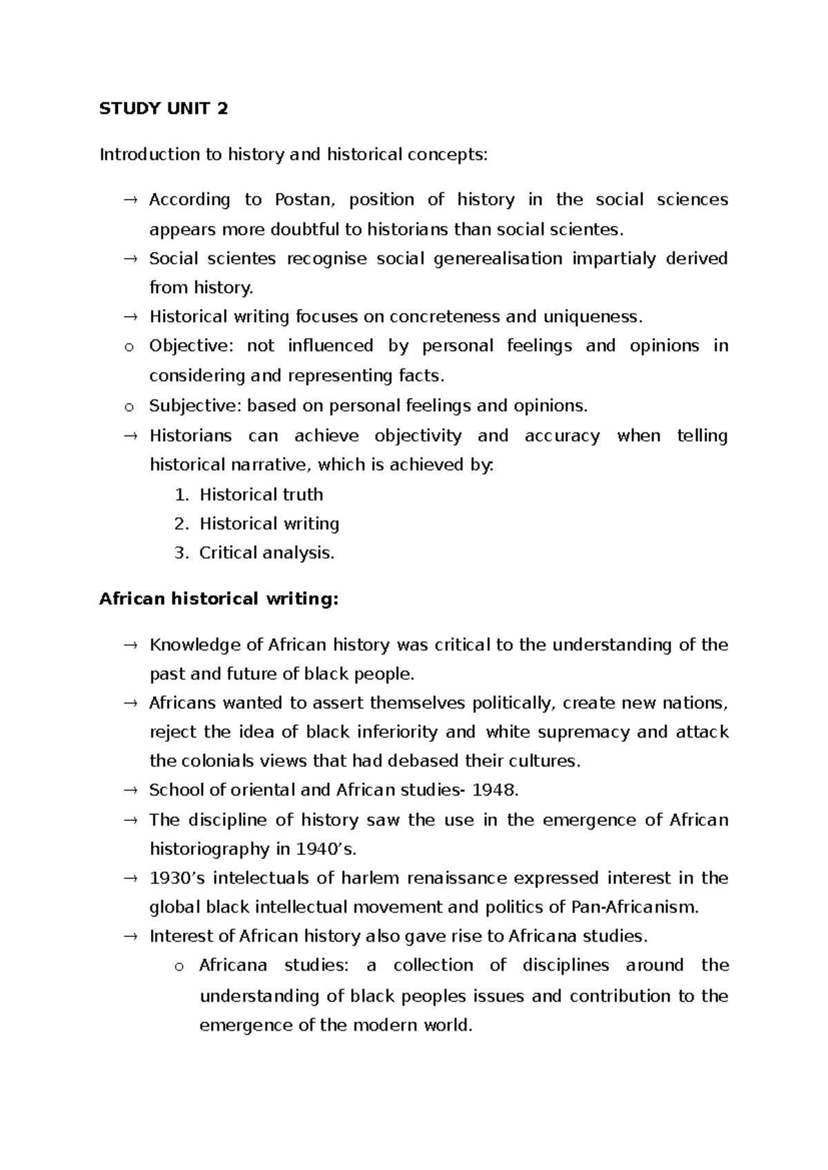 Hist study unit 2 - summaries - STUDY UNIT 2 Introduction to history ...