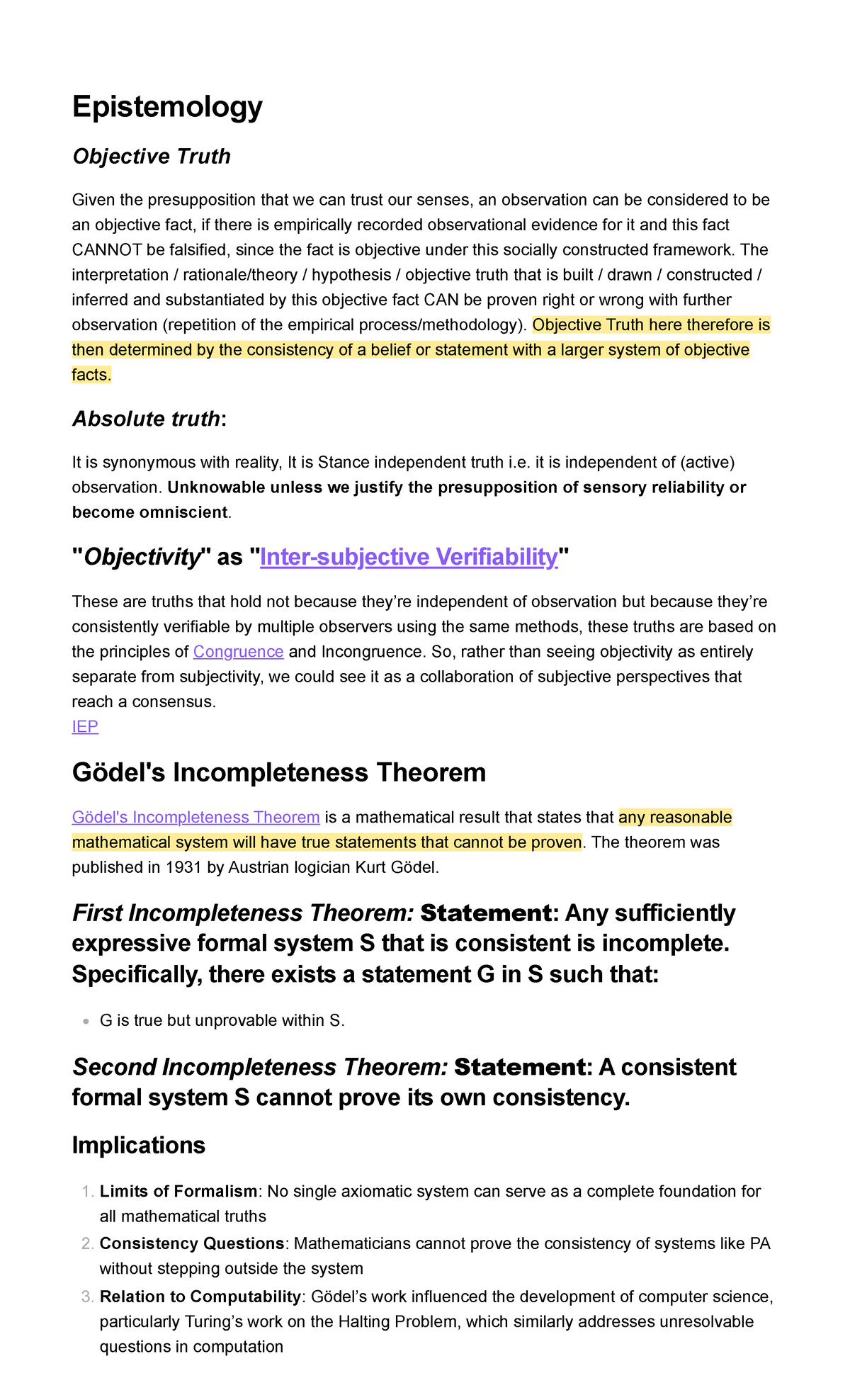 Epistemology - Lecture Notes on Objective Truth & IEP Theorem - Studocu