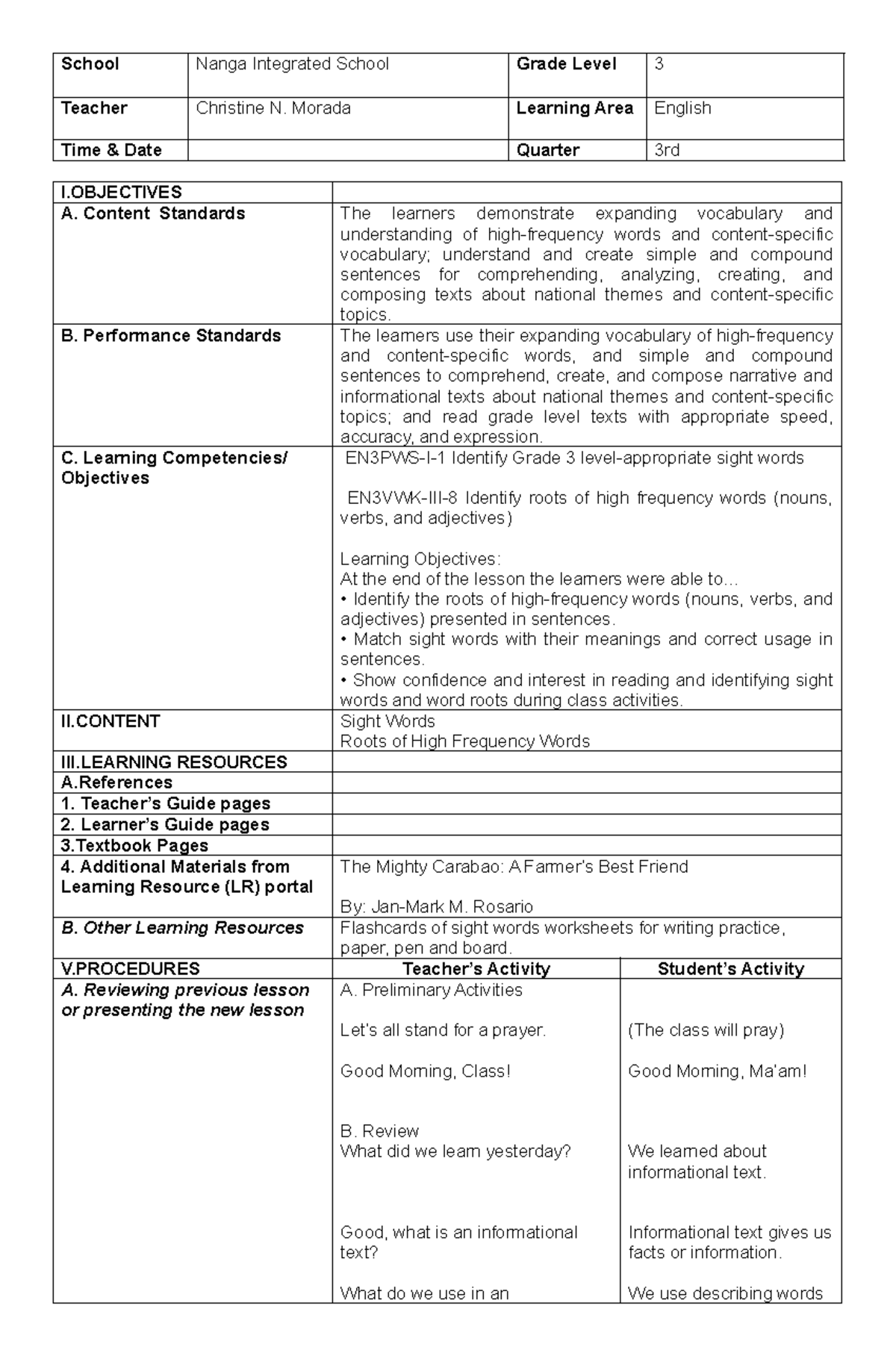 DLP English Q3 W7 D2: Grade 3 Lesson on Vocabulary & Text Comprehension ...