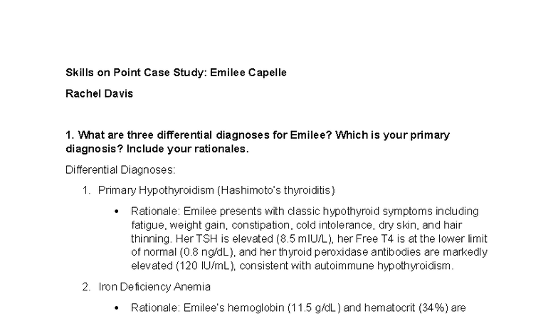 Skills on Point Case Study: Differential Diagnoses for Emilee Capelle - Studocu