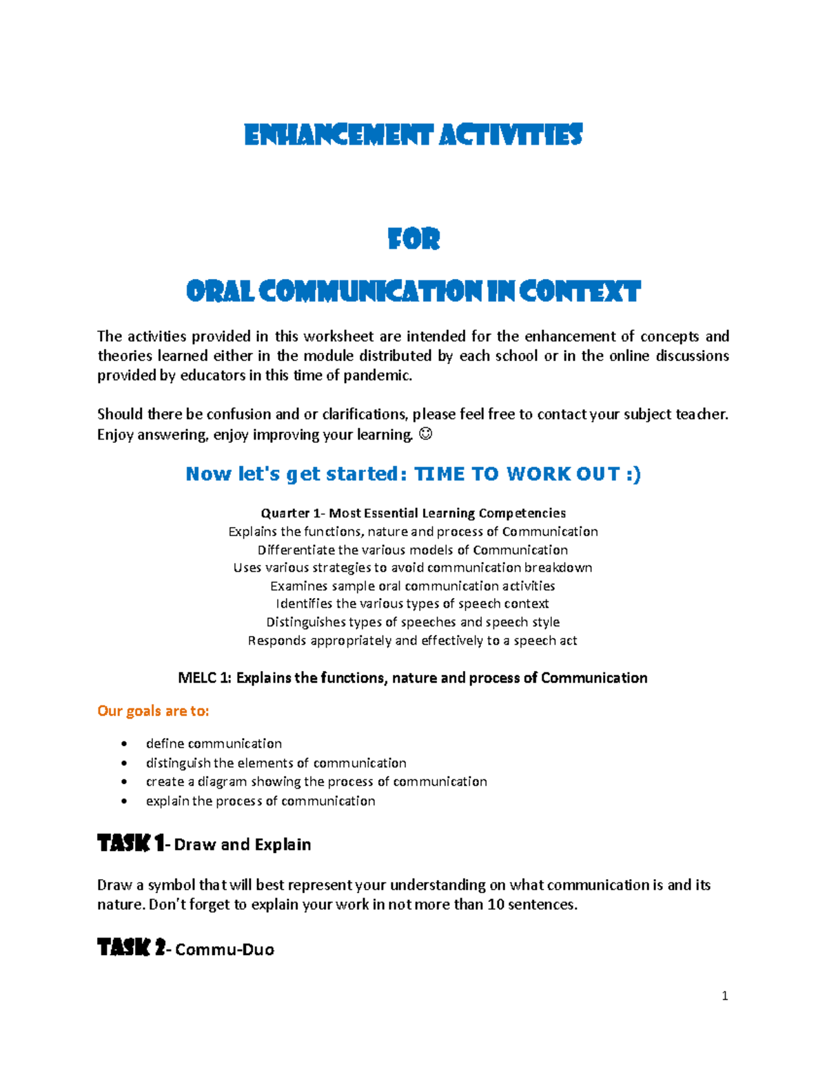 Oral Communication - Worksheet - eNHANCEMENT ACTIVITIES FOR ORAL ...