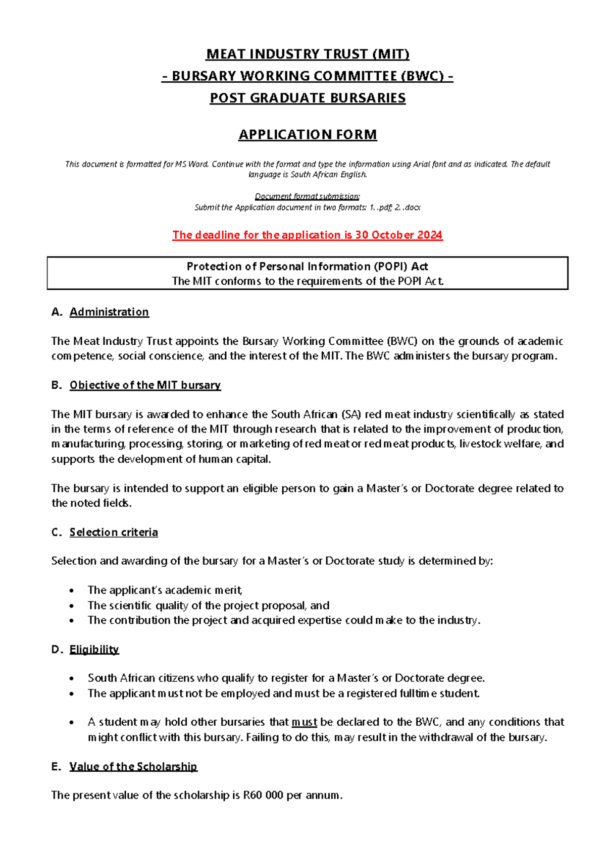MIT Bursary Application Form for Postgraduate Studies - Studocu