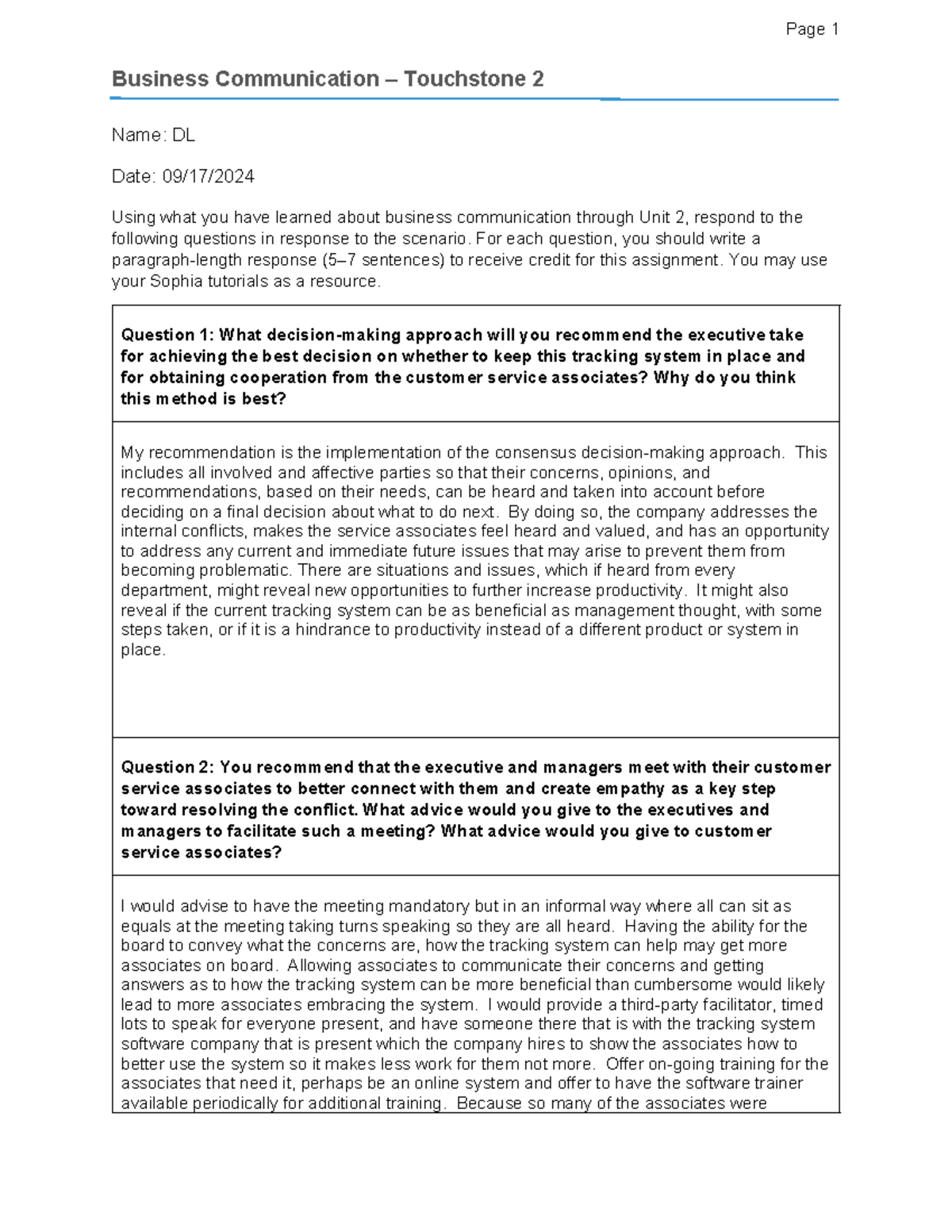 Business Comm Touchstone 2 Response Template and Guidelines - Studocu