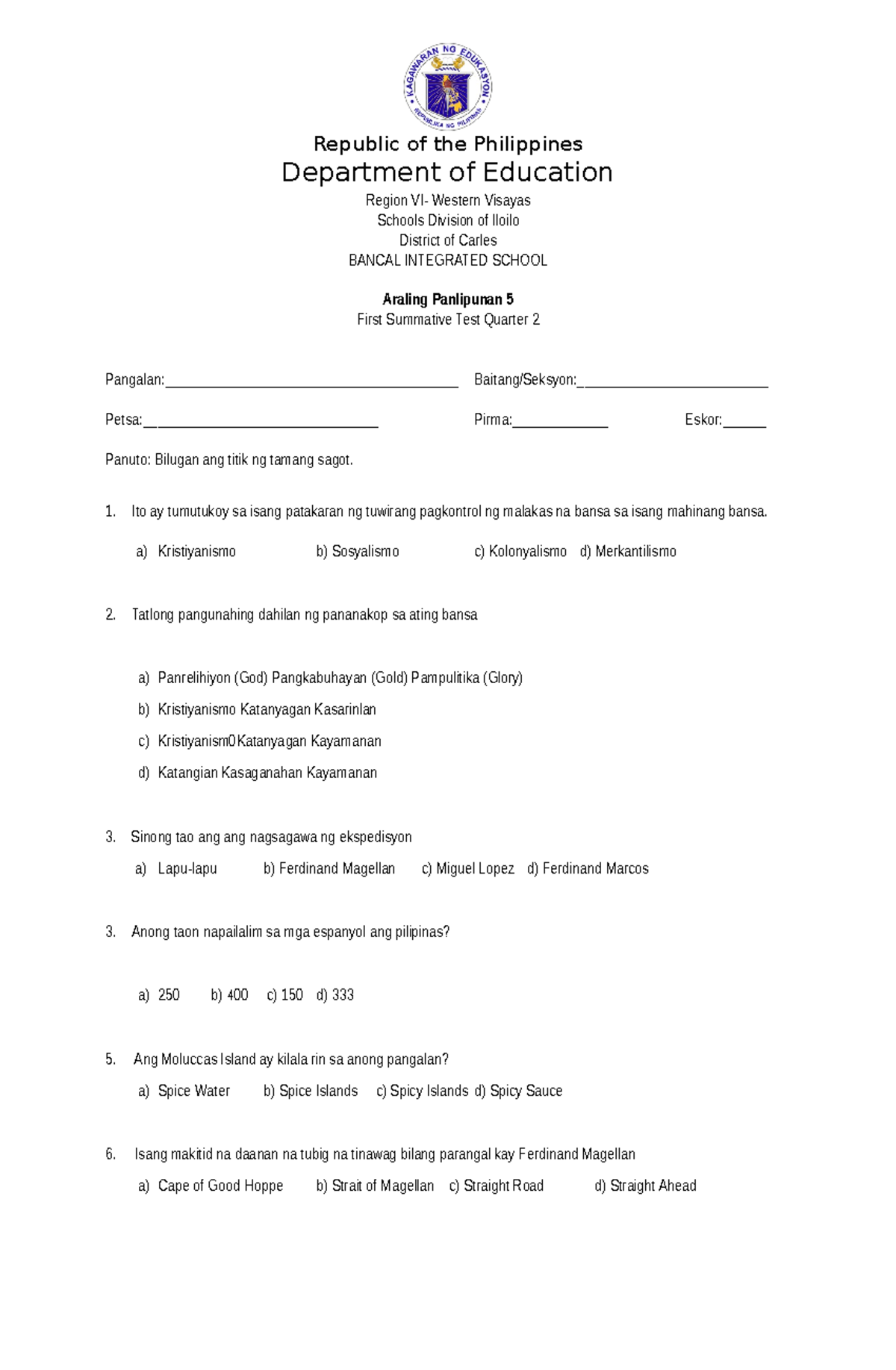 AP Summative - nnkkj - Republic of the Philippines Department of ...