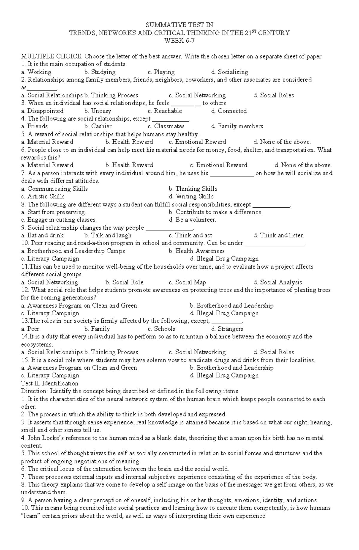 Trends Summative TEST W6and7 24-25 - SUMMATIVE TEST IN TRENDS, NETWORKS ...