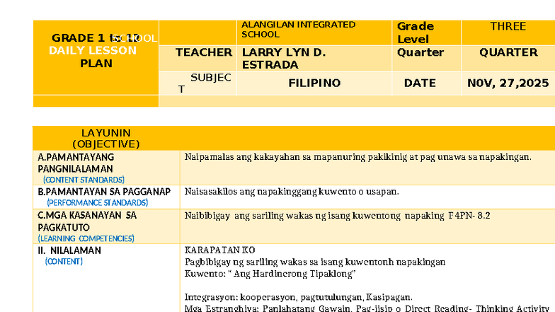 Grade 3 Daily Lesson Plan: Filipino - Teacher Larry Lyn D. Estrada ...