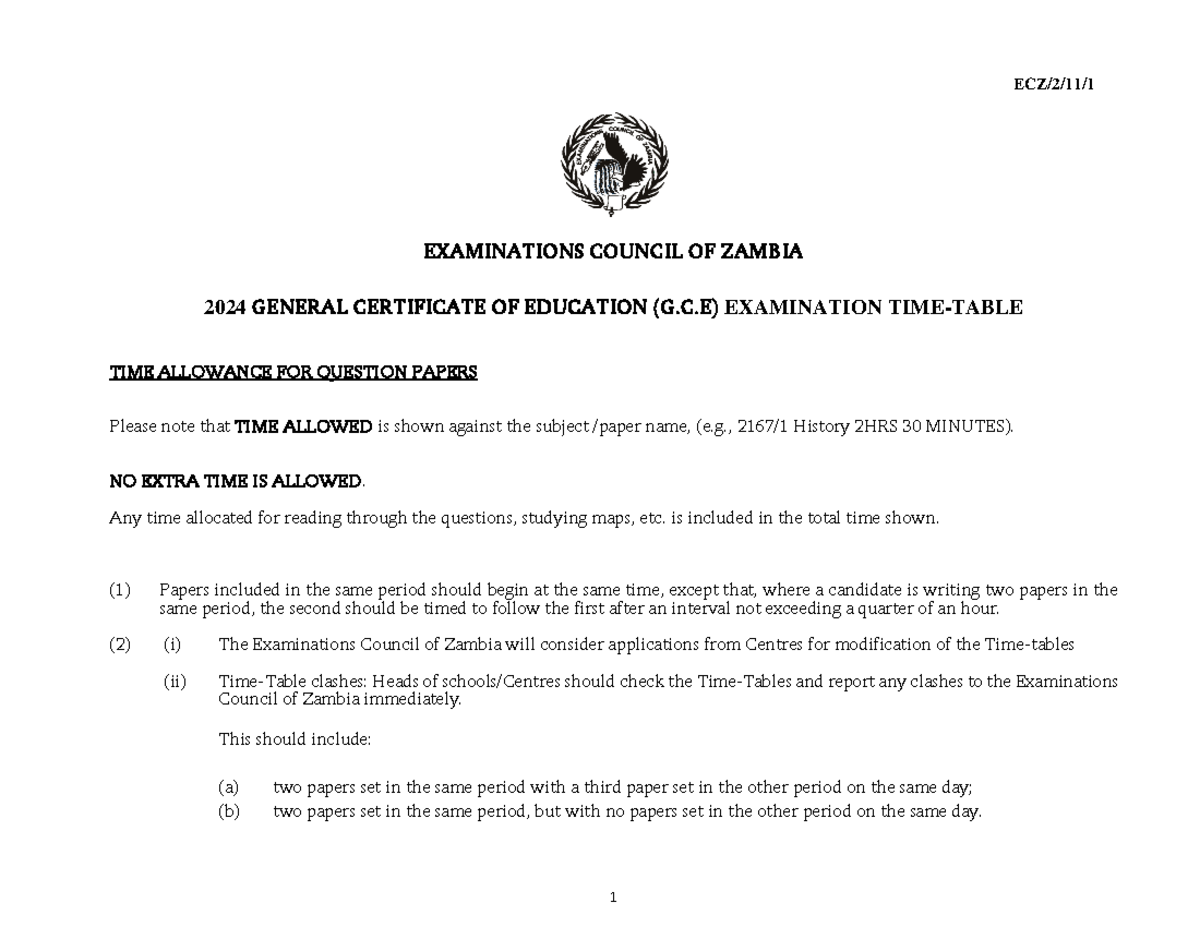 2024 G.C.E Examination Time Table and Important Instructions - Studocu