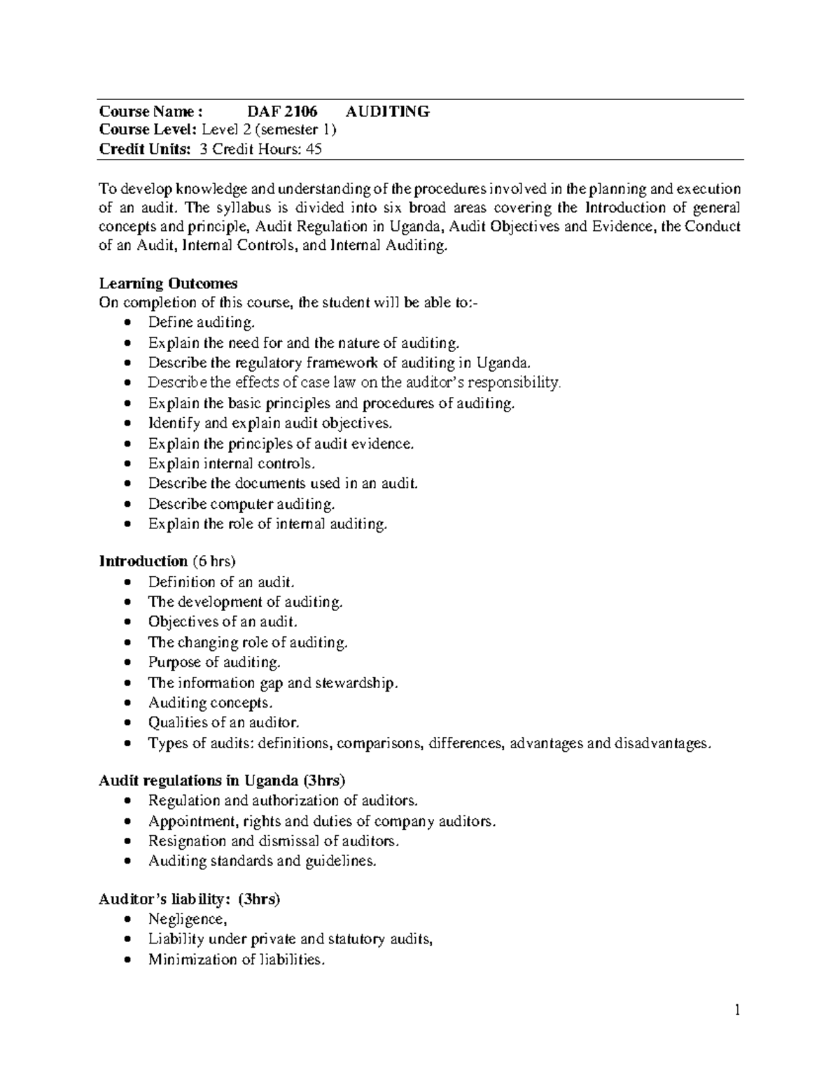 DAF 2106 Auditing Course Outline and Learning Objectives - Studocu