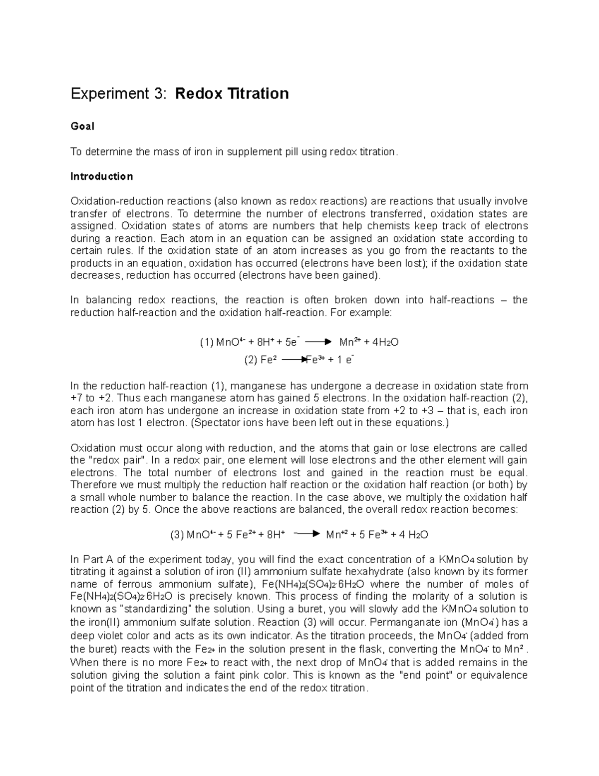 Experiment 3 (redox titration) - Experiment 3: Redox Titration Goal To ...