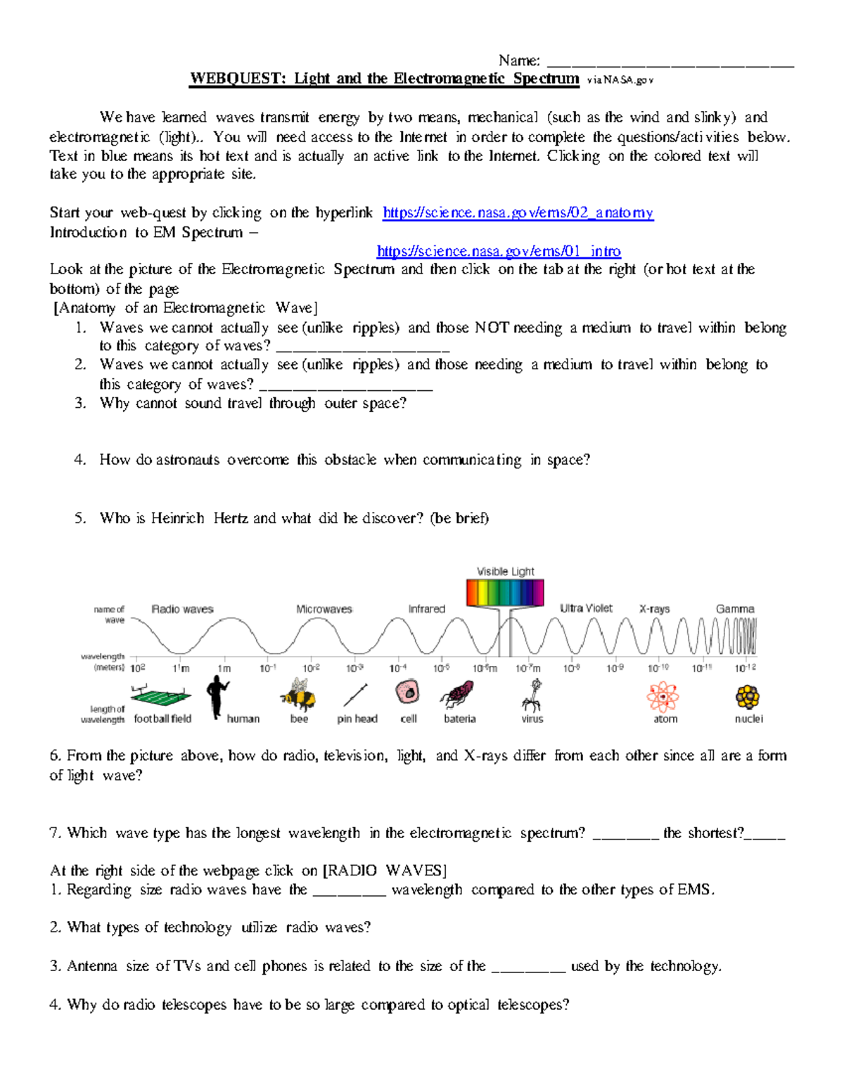 Webquest: EM Waves & the Electromagnetic Spectrum via NASA - Studocu