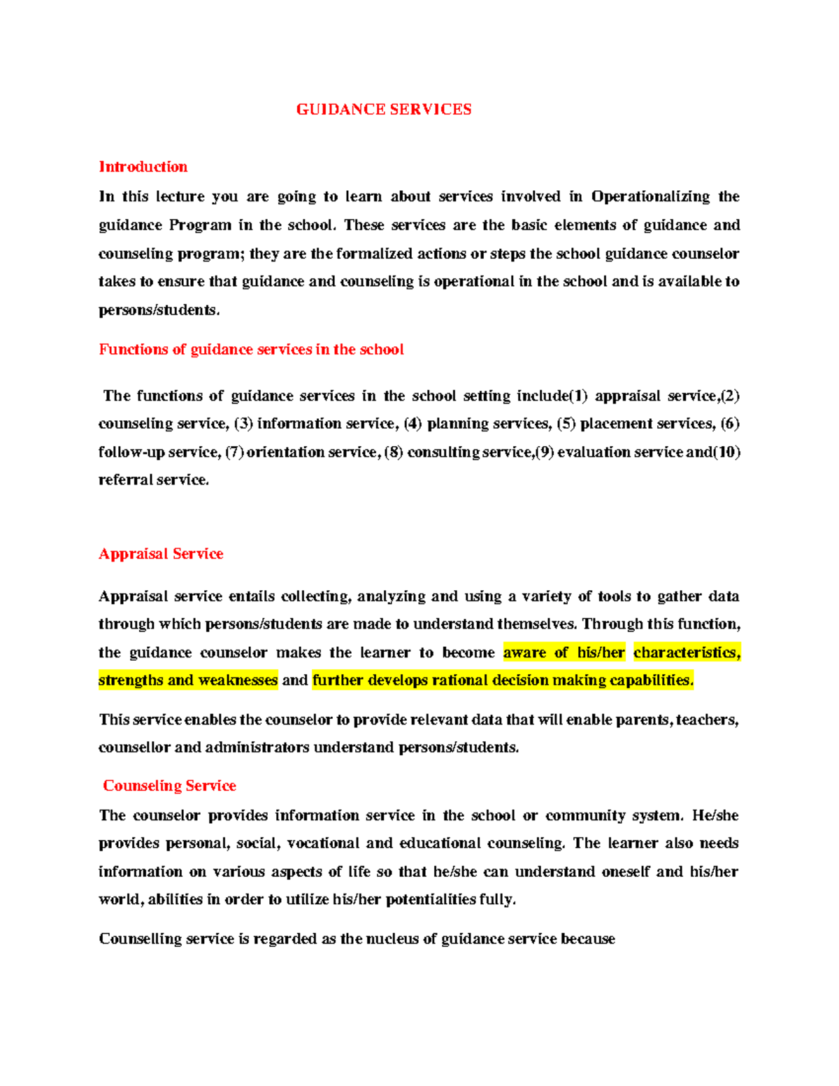 Guidance Services in Schools: Functions and Importance Overview - Studocu