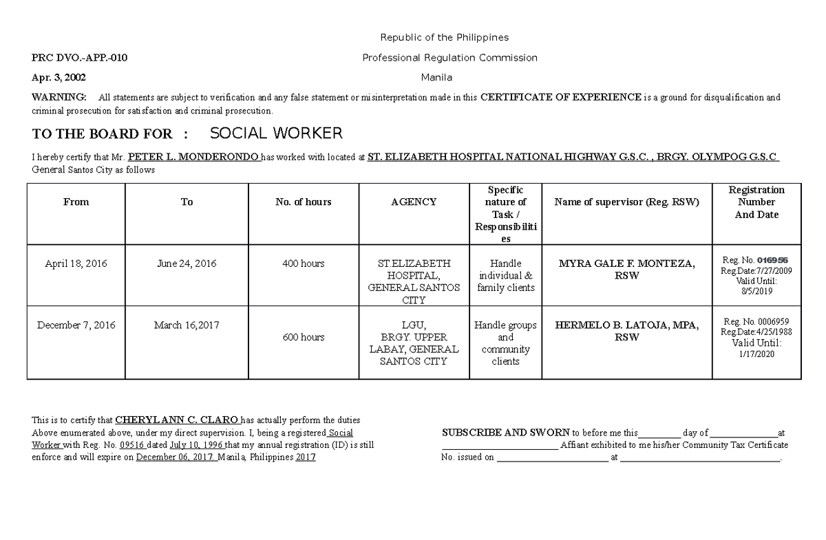 Certified Experience Hours for Social Workers - 1000HRS Sample Document ...