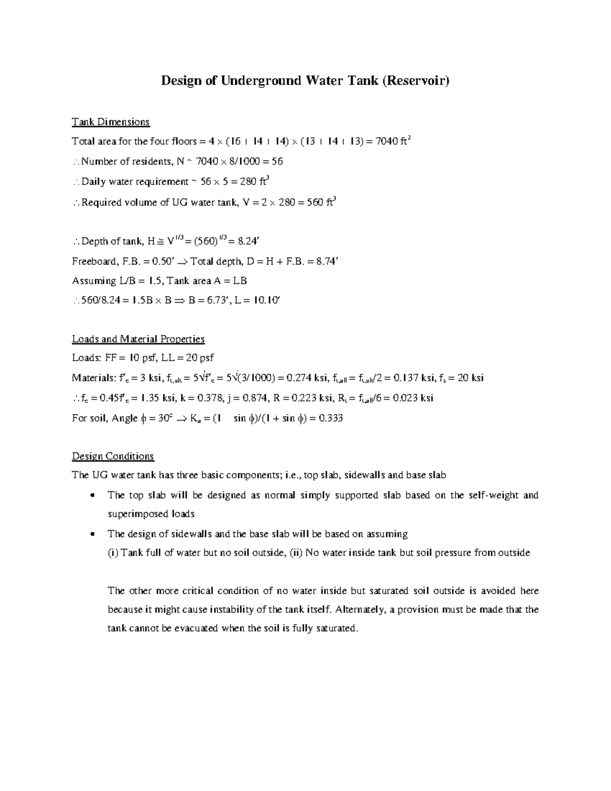 Design of UG Water Tank: Dimensions, Loads, and Materials Analysis ...
