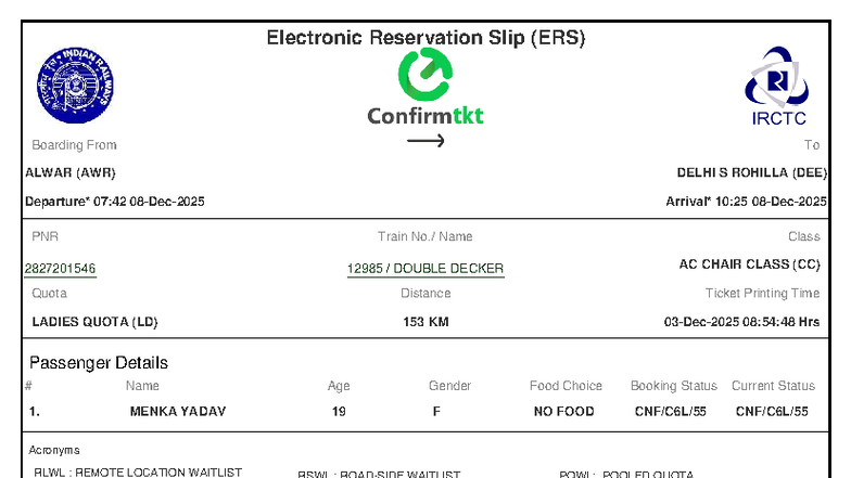 Electronic Reservation Slip (ERS) for Train TK845374785 from AWR to DEE ...