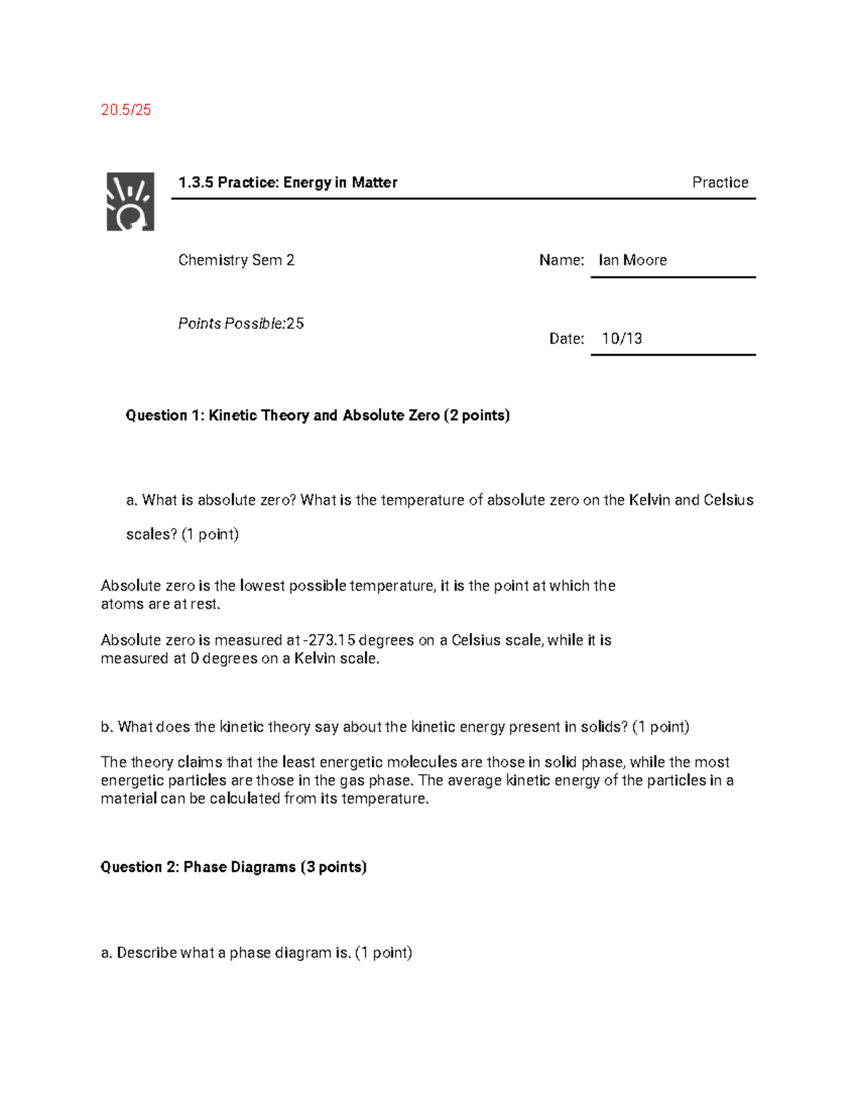 1.3.5 Practice Energy in Matter (chemistry) - 20/ 1.3 Practice: Energy ...