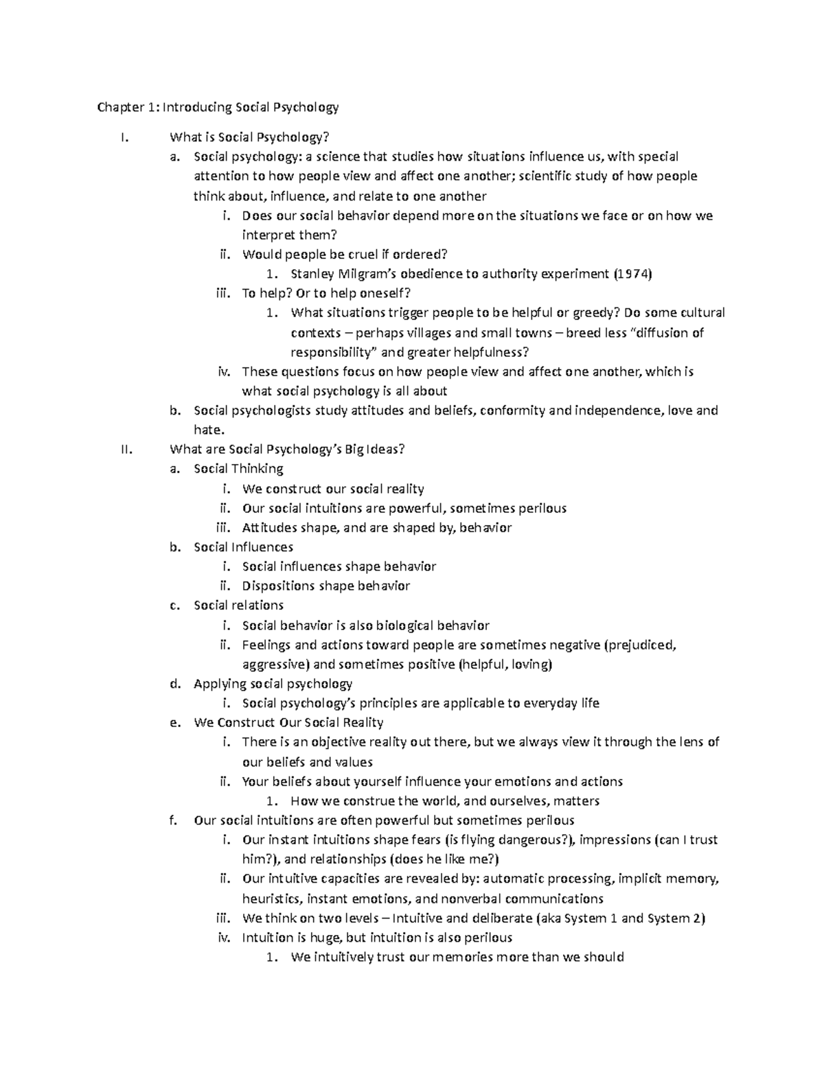 Module 1 Notes - Chapter 1: Introducing Social Psychology I. What is ...