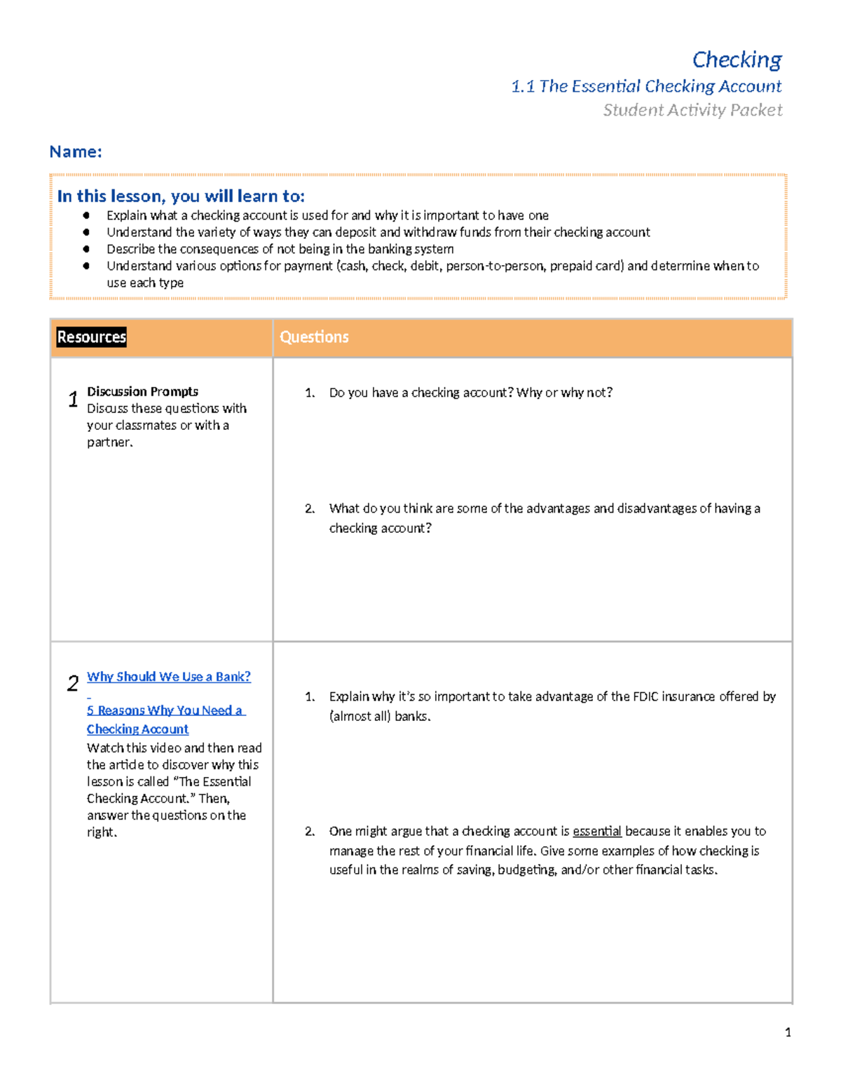 Copy of PF1 Assignment 1 - Banking Student Activity Notes - Checking 1 ...