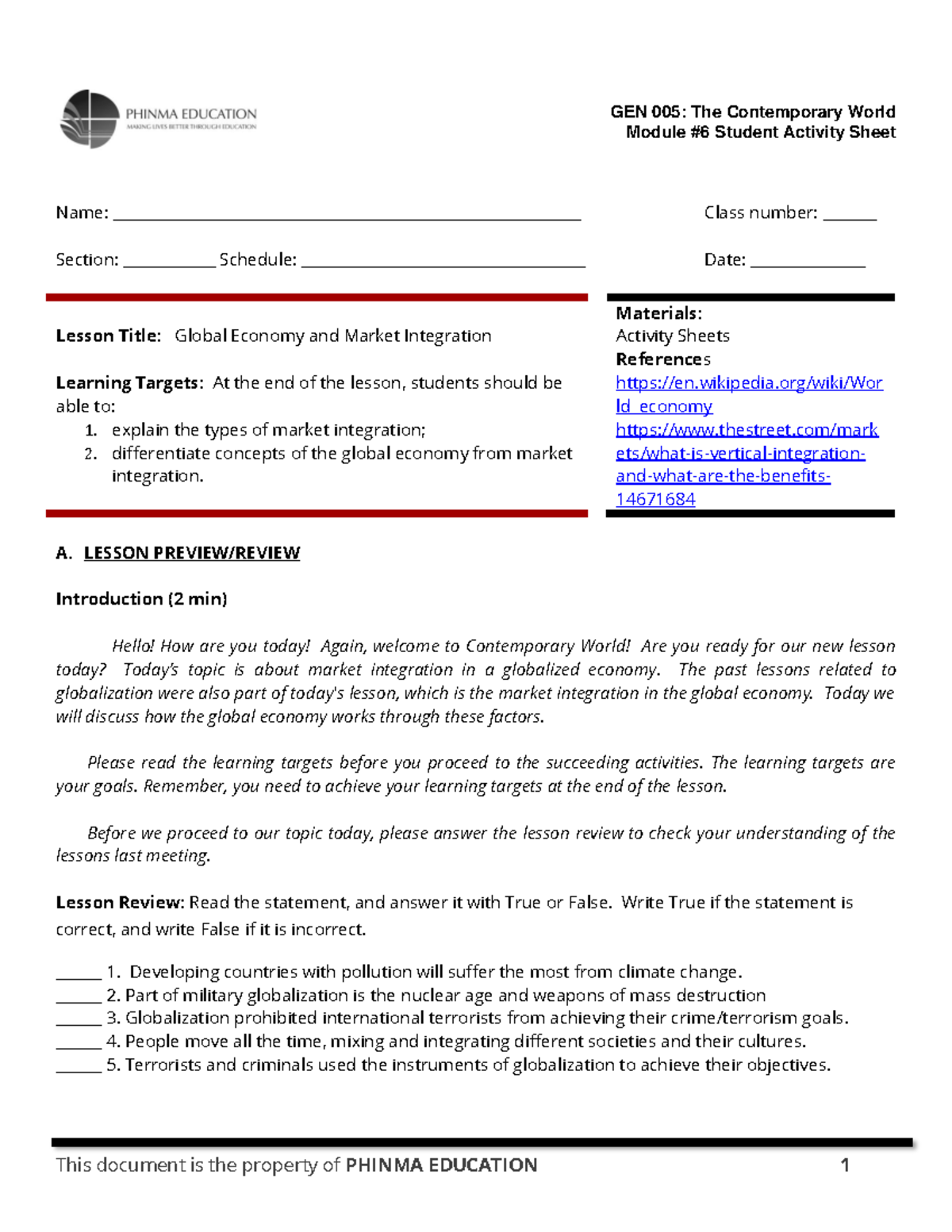 Gen 6 - Lesson Activity: Global Economy & Market Integration - Studocu