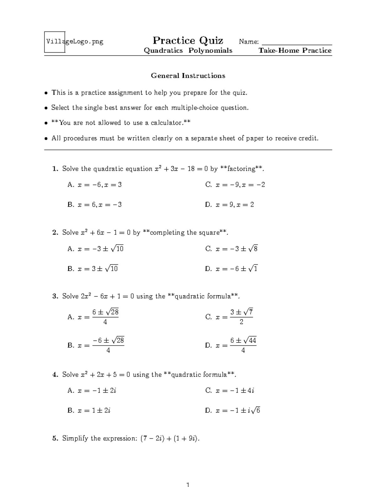 Algebra 2 Practice Quiz: Quadratics & Polynomials - Studocu
