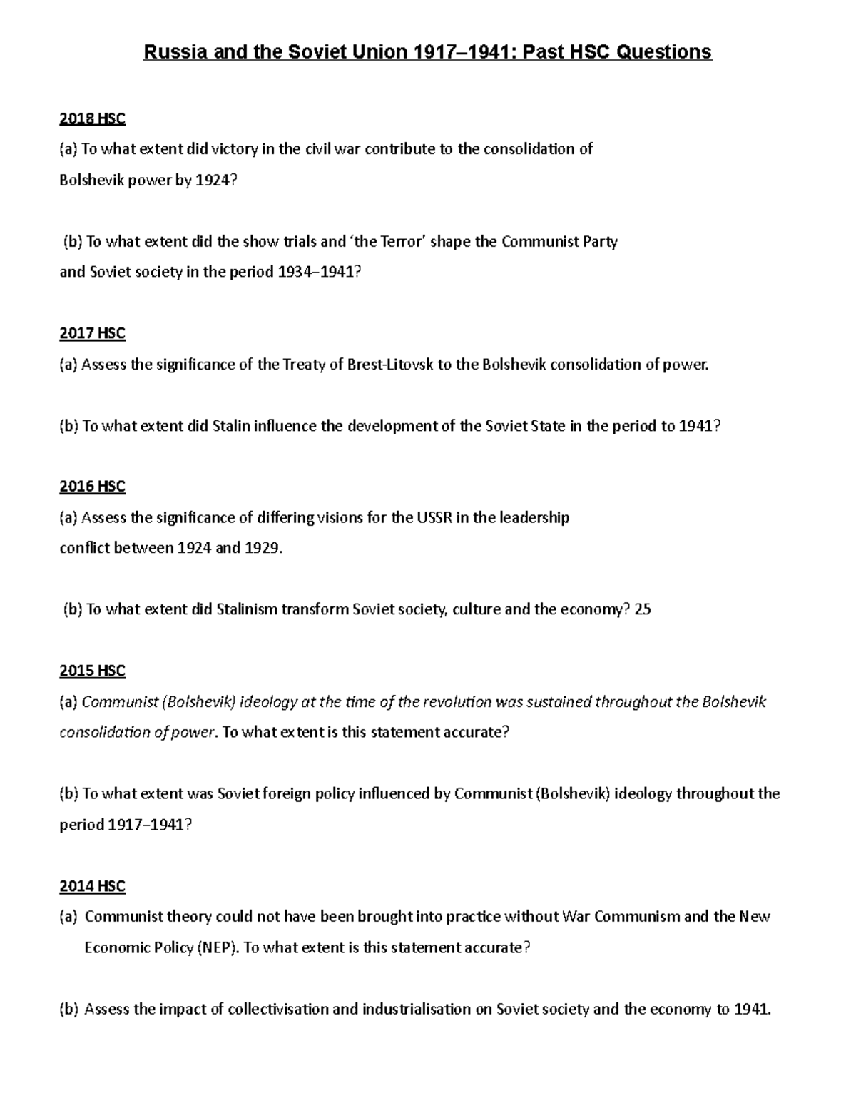 HSC Past Exam Questions: Russia & the USSR (1917–1941) Analysis - Studocu