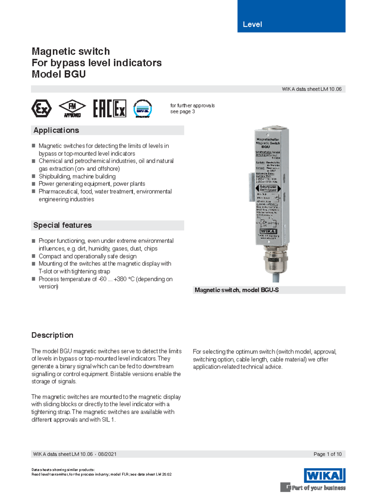 BGU - Data sheet - Level Magnetic switch For bypass level indicators ...