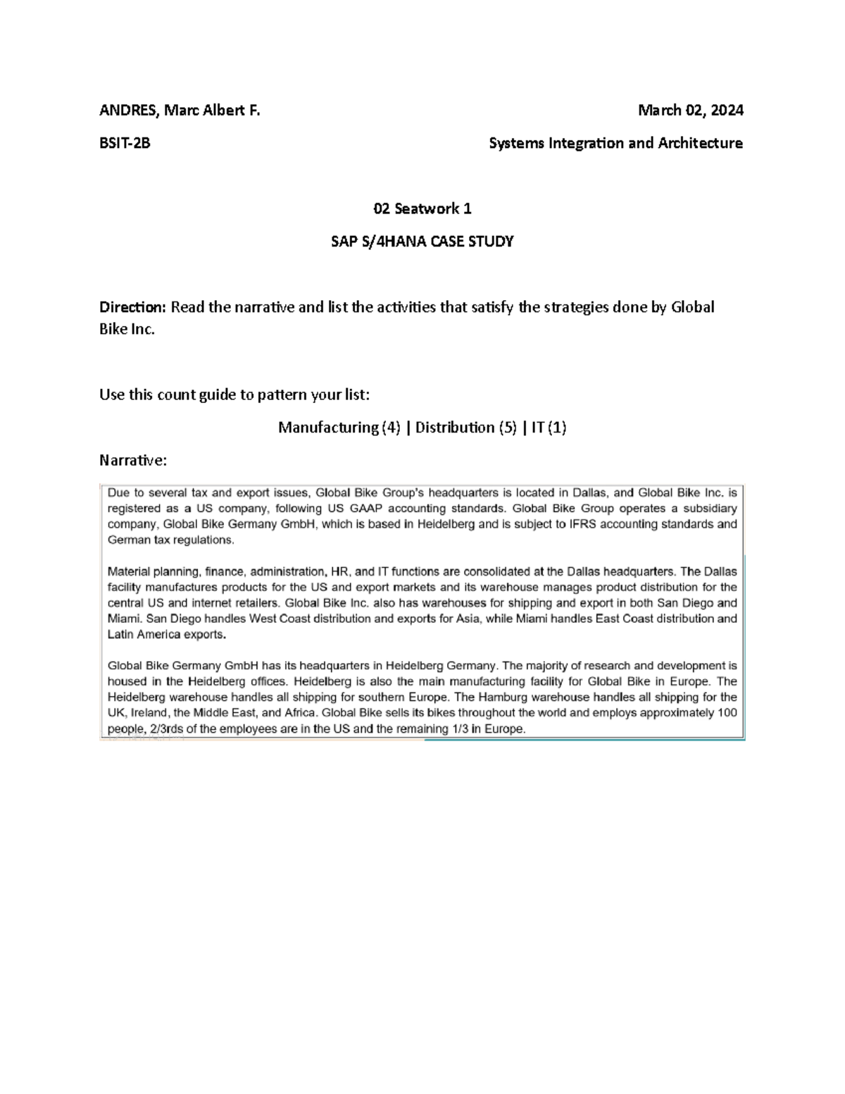 SIA 02 Seatwork 1: Global Bike Inc. Case Study Activities List - Studocu