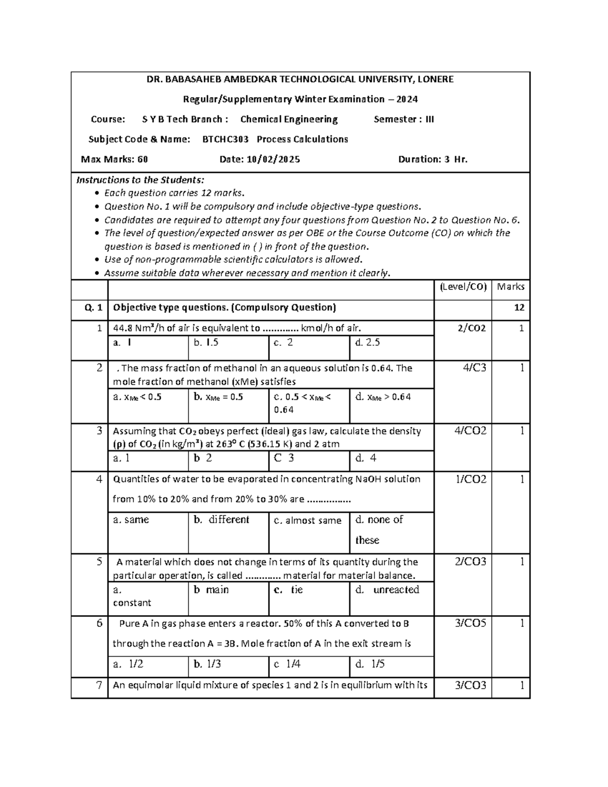 Process Calculations BTCHC303 Winter Exam 2024 Question Paper - Studocu