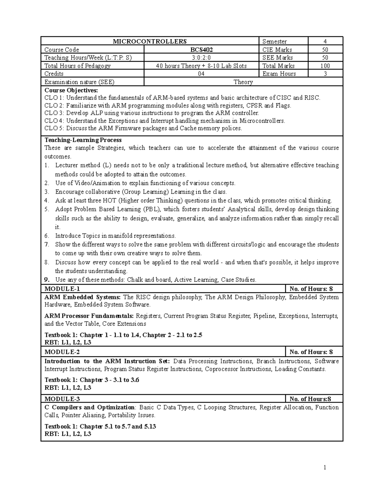 Microcontrollers Syllabus BCS402: Course Overview and Objectives - Studocu