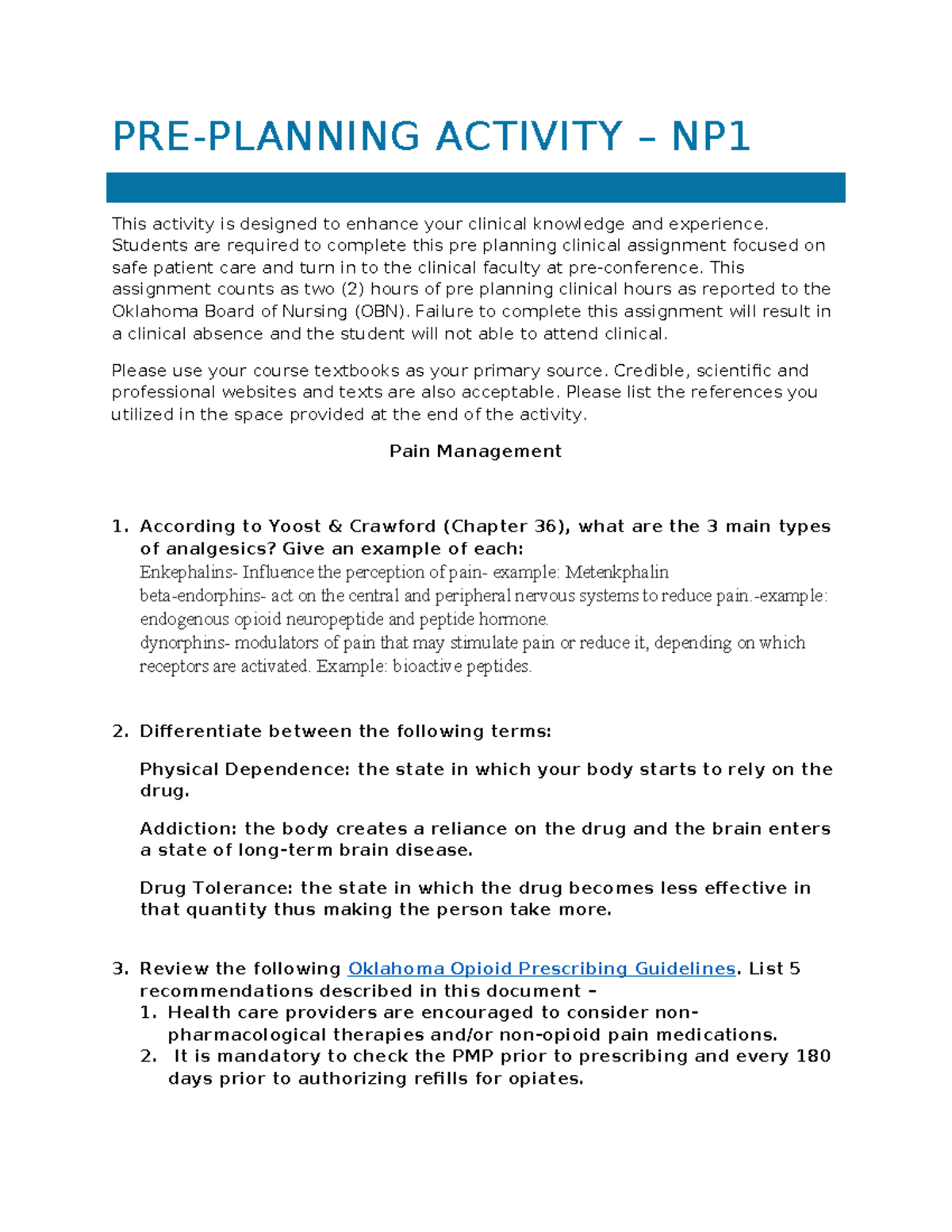 Pre-Planning Clinical Activity - NP1 Pain Management Guide - Studocu