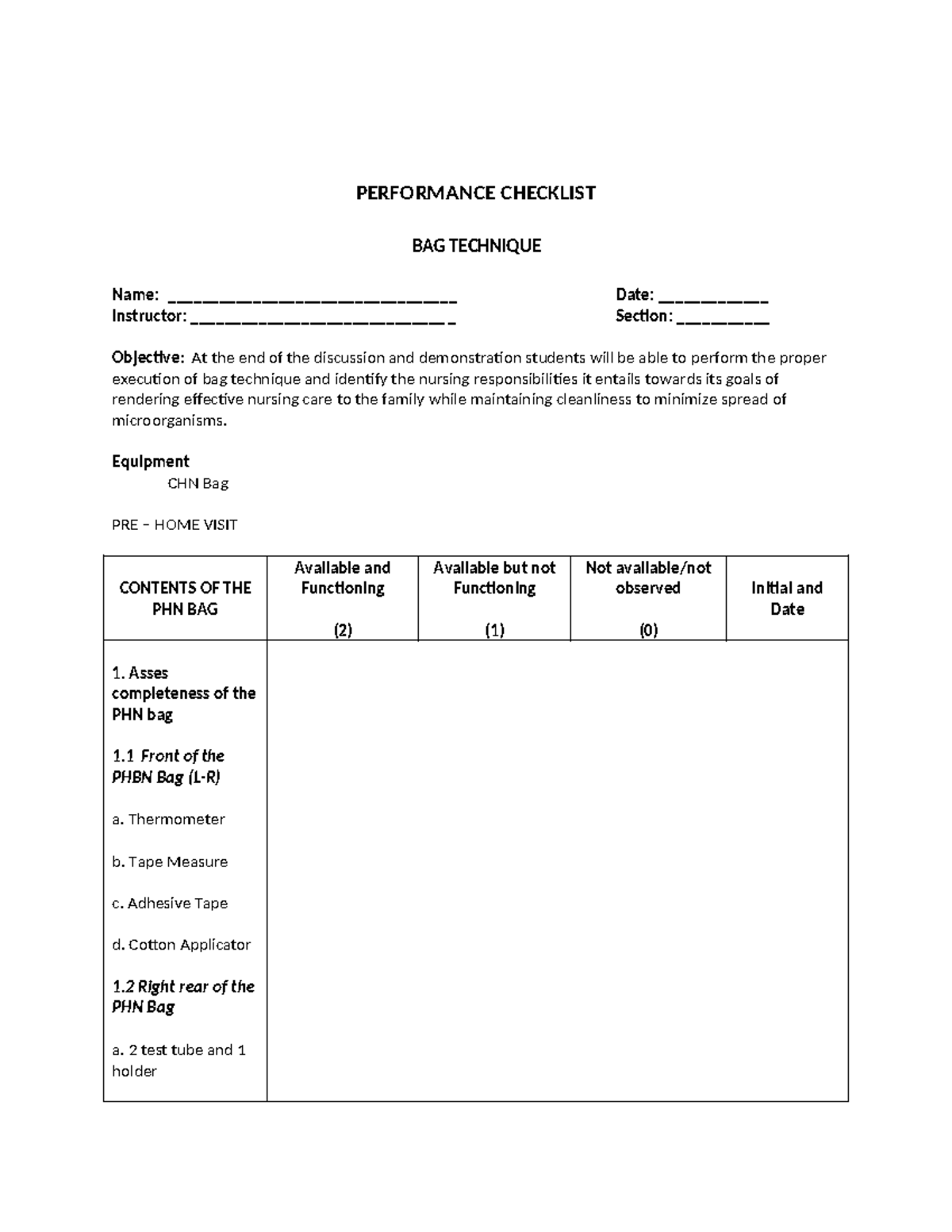 CHN-Checklist: Proper Execution of Bag Technique for PHN - Studocu