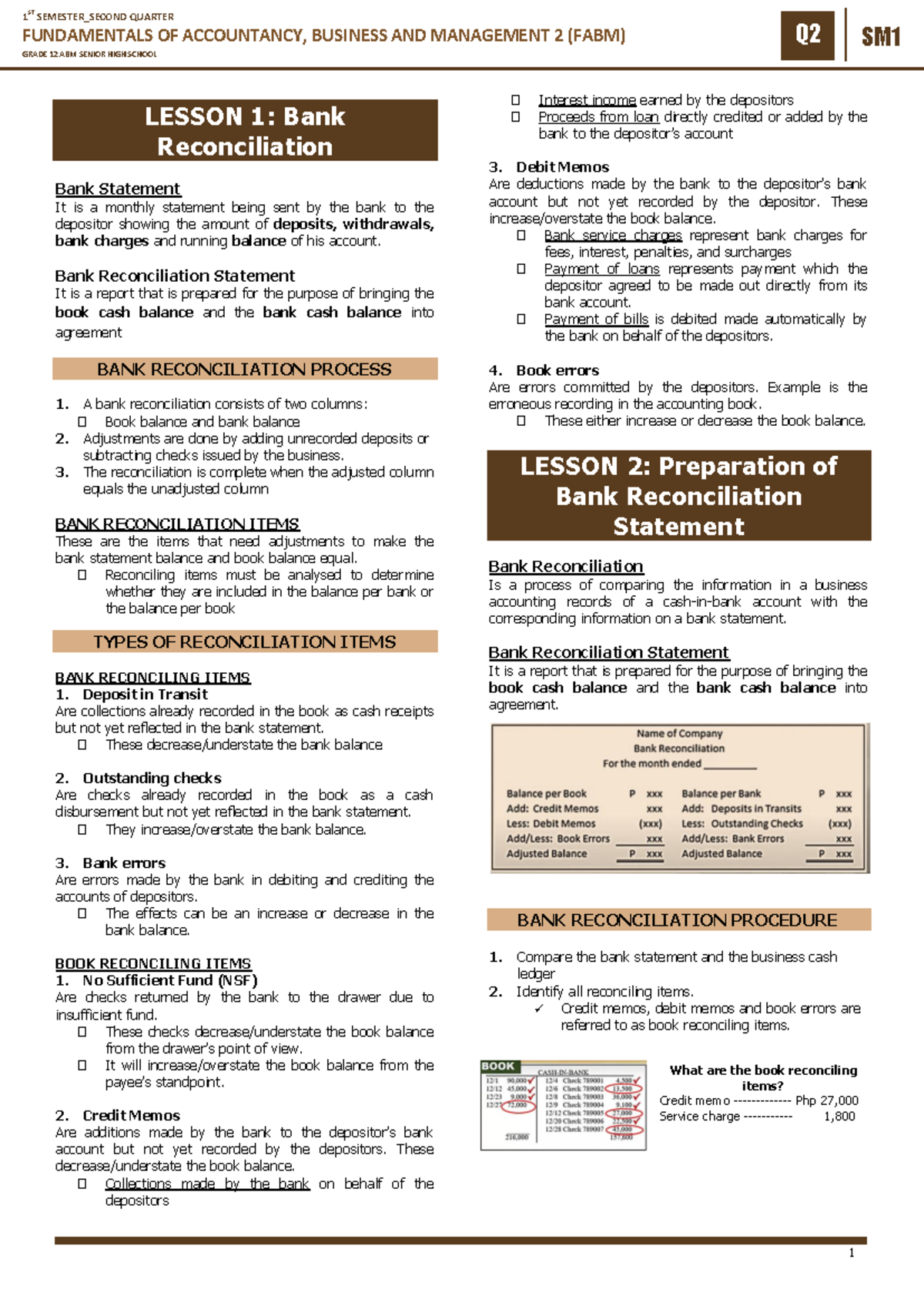 FABM 2 Q2 SM1 G12 ABM: Bank Reconciliation & Related Transactions - Studocu